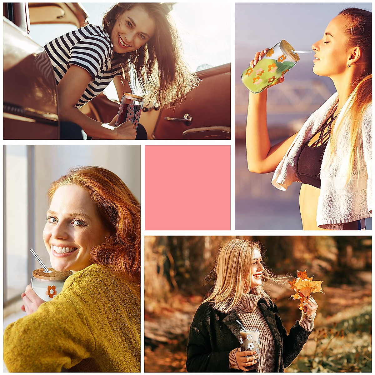 Rtteri 4 Pieces Cute Daisy Glass Cup with Lids and Straws 16oz Can Shaped Drinking Glass Bamboo Lid Straw Iced Coffee Cup Beer Glass Cute Glass Tumbler for Coffee Soda Soft Drink Women Gift