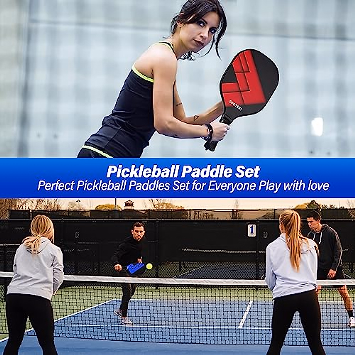 SPOTSKI Pickleball Paddles, Pickleball Set with 4 Lightweight Wood Pickleball Paddles, 4 Outdoor & Indoor Pickleball Balls, 4 Cooling Towels and Carrying Bag, Pickleball Racquets for Men Women