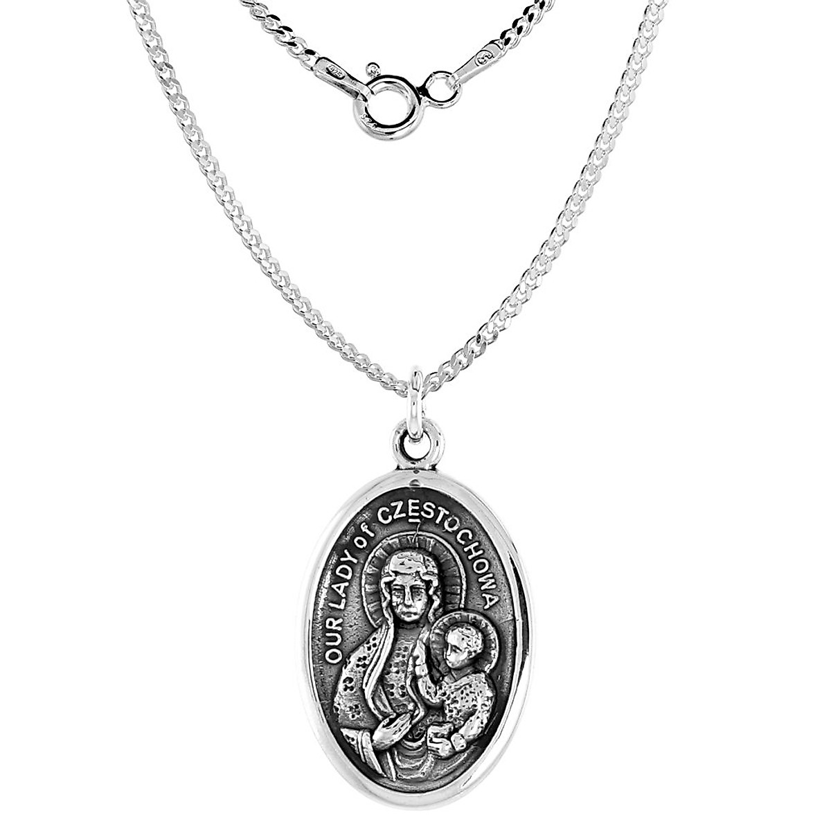 Sterling Silver Our Lady of Czestochowa Medal Pendant Oxidized finish Oval 1 inch
