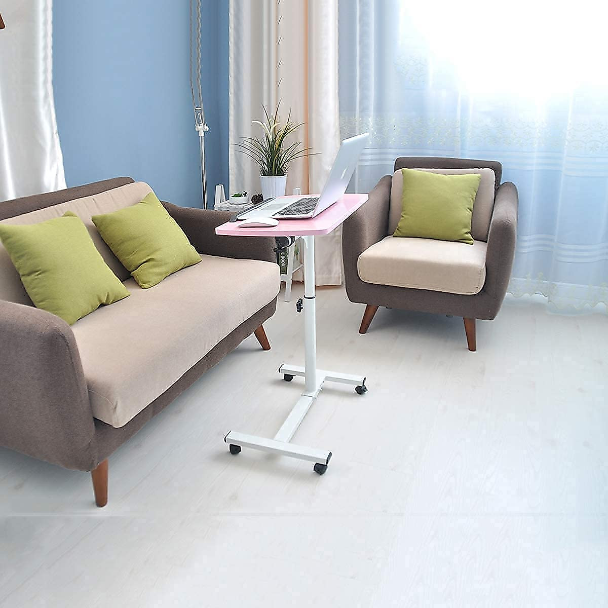 Qiveno Mobile Laptop Table, Standing Desk, Angle & Height Adjustable Rolling Laptop Desk Cart Over Bed Folding Portable Table for Hospital Home Office Pink