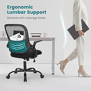Office Chair Mid Back Desk Chair Ergonomic Mesh Computer Gaming Chair with Larger Seat, Executive Height Adjustable Swivel Task Rolling Chair with Flip-up Armrests for Women Adults