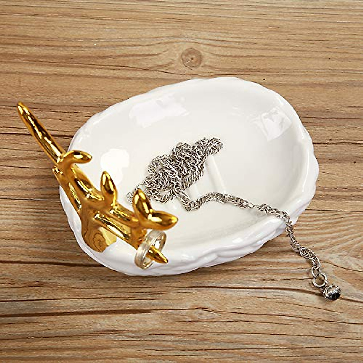 JJ Gifts Ceramic Gold Tree Twig with White Braided Birds Nest Soap Dish Jewelry Holder Organizer