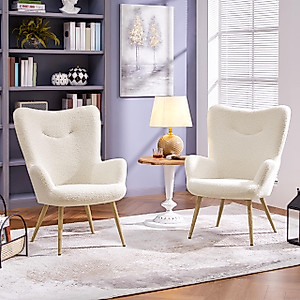 Yaheetech Boucle Accent Chair, Modern Fluffy Sherpa Armchair with High Back and Wood-Tone Metal Legs, Fuzzy Barrel Chair for Living Room Bedroom Home Office, Ivory, 2pcs