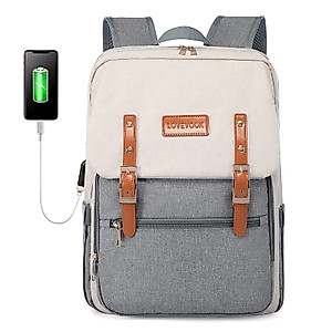 LOVEVOOK Laptop Backpack for Women Men 15.6 Inch,Travel Backpack for Women Fashion,Backpack Purse Laptop Bag Work Bag Bookbags,Nurse Teacher College School Backpack,Back Pack with USB Port,Beige-Grey