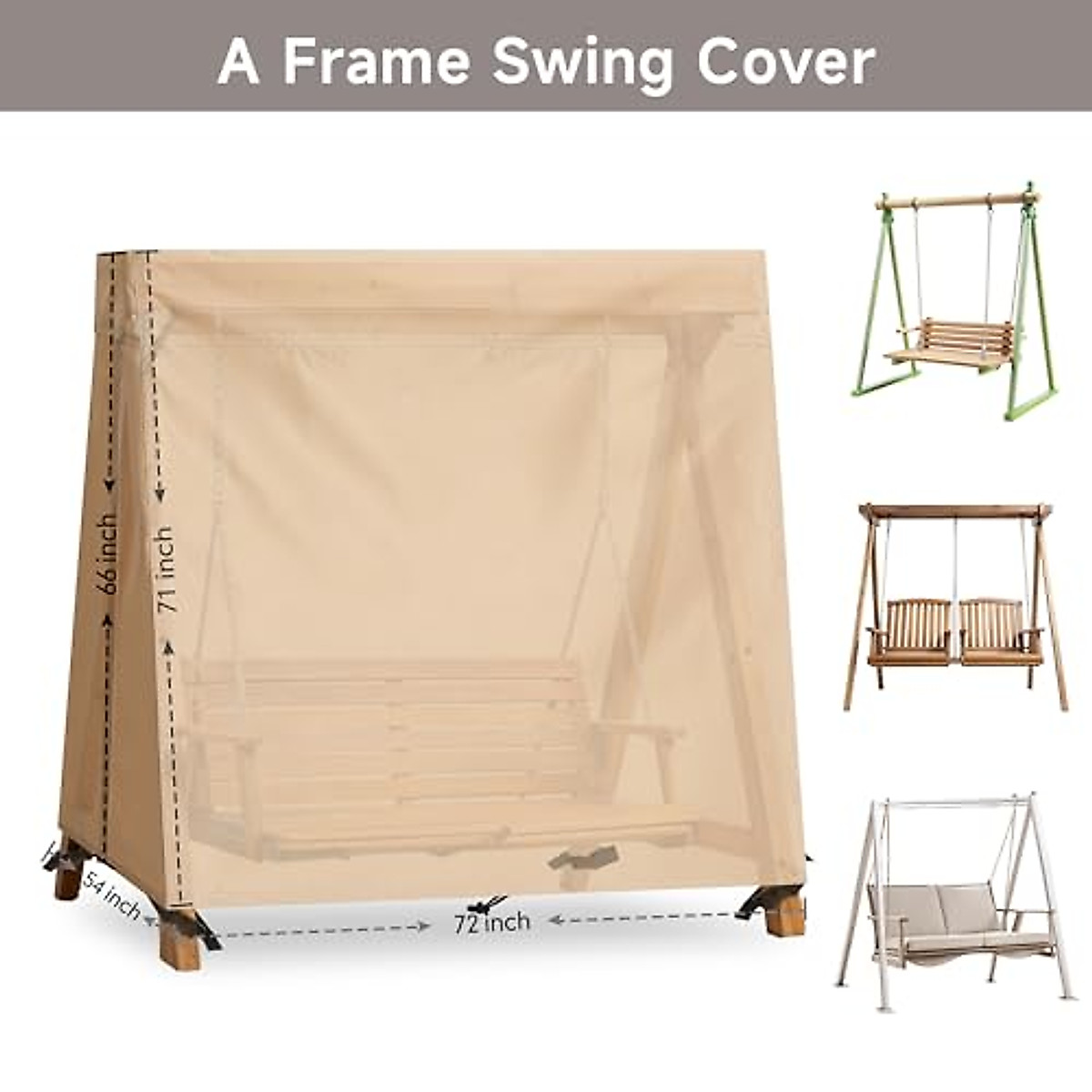 uHousDeco Outdoor Swing Covers for A Frame Patio Swing, 72" L x 55" D x 67" H, A-Frame Swing Cover Waterproof, Porch Patio Swing Canopy Cover, Windproof UV Resistant All Weather Protector - Beige