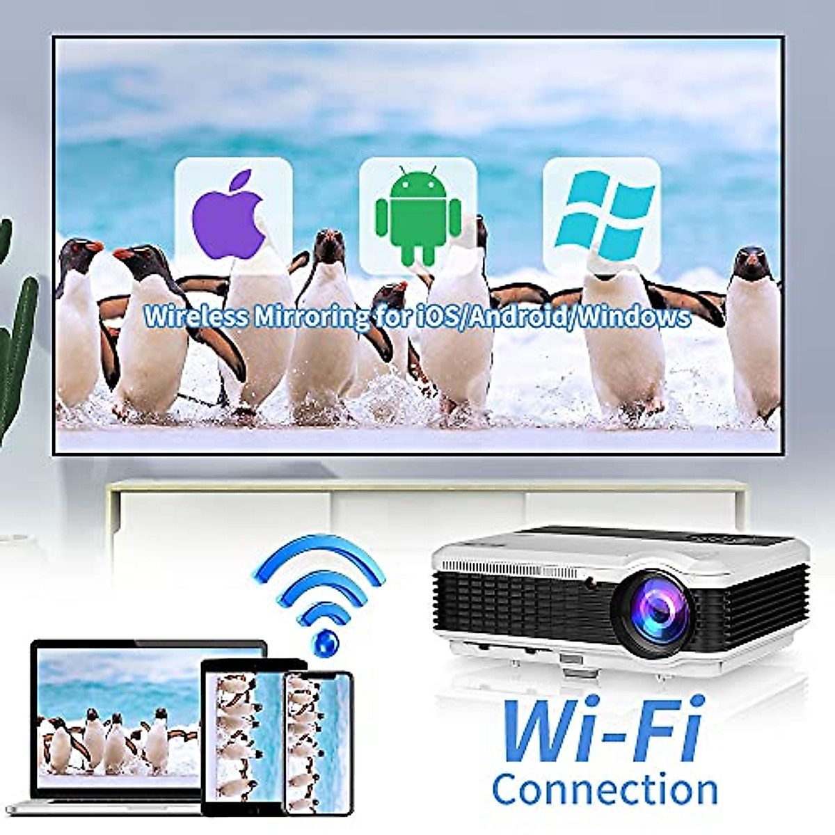 Smart Projector with Bluetooth WiFi, 8000 Lumen Home Theater Projector with 200" Display Video Gaming, Outdoor Movie Android Projector Zoom Wireless Mirroring for Phone HDMI DVD TV Stick Laptop PC USB
