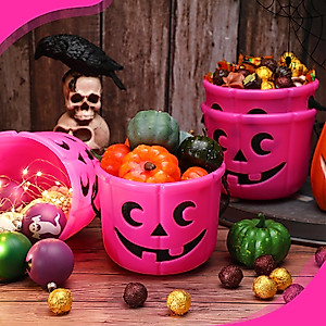 Jenaai 4 Halloween Trick or Treat Buckets Halloween Pumpkin Buckets Halloween Party Favors Pumpkin Face Candy Basket Plastic Pail Candy Bowl Holder with Handle or Party Decoration (Pink)