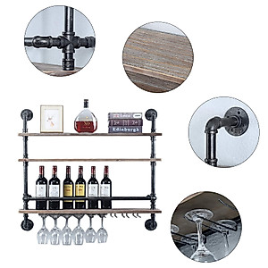 36"Wall Mounted Wine Rack with Shelf &Bottle Glass Holder,Hanging Industrial Pipe Shelves Floating Bar Shelves Rustic Wood Wine Shelf Wall Shelf Storage Unit Shelving Farmhouse Wine Glass Rack