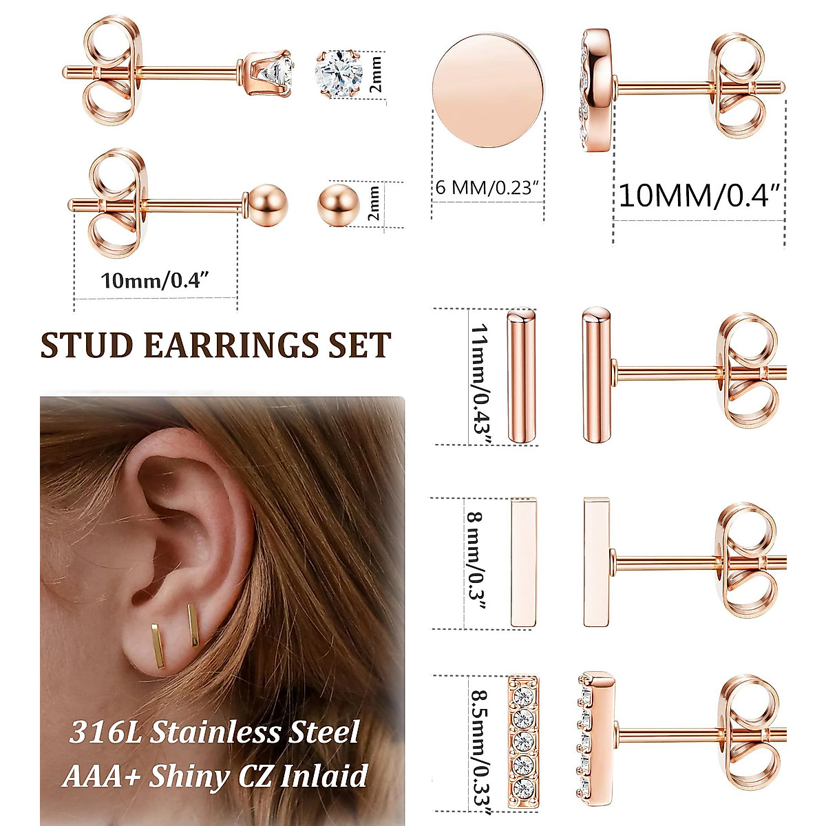 FIBO STEEL 9 Pairs Stainless Steel Star Moon Stud Earrings for Women Cute Bar CZ Stud Earring Set (B: Rose Gold)