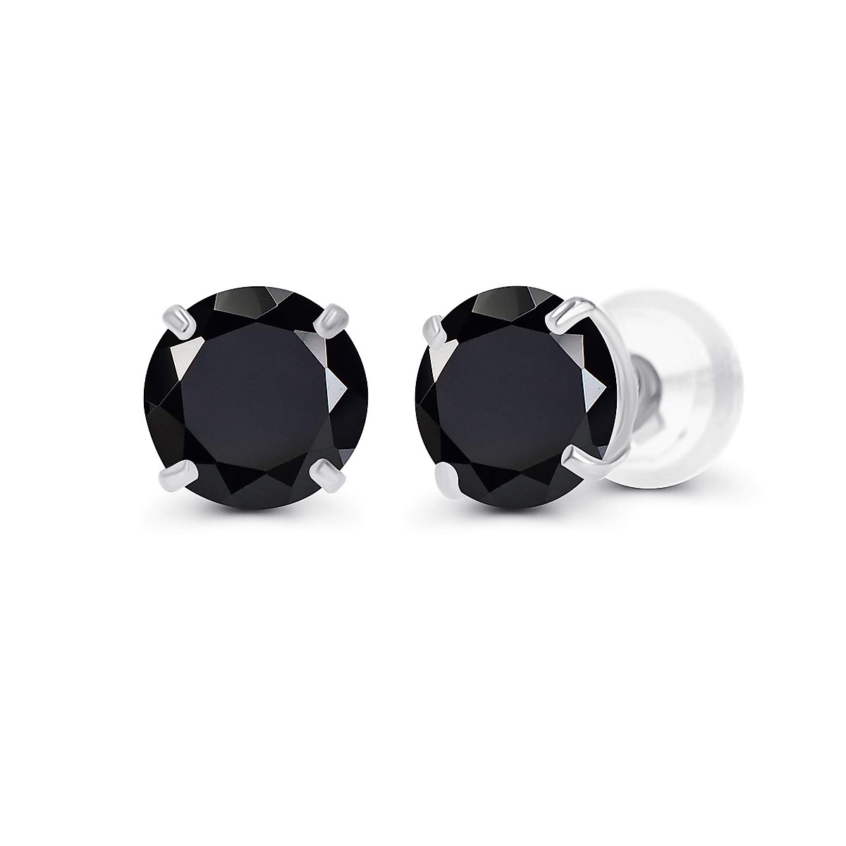 14K Solid White Gold 6mm Round Natural Black Onyx Birthstone Prong Set Stud Earrings For Women