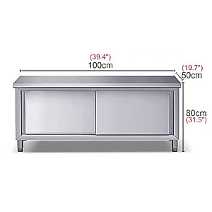 Commercial Stainless Steel Workbench Sturdy Kitchen Prep Table Sliding Door Workbench Storage Cabinet Casework Cabinet Countertop Chopping Table Large Space Metal Table