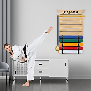 Quasar-Una Belt Holder Customizable Karate Belt Display Rack | Elevate Your Martial Arts Legacy with Premium Wood Shelf | Flaunt 10 Belts in Style with ultime Stickers Customization.