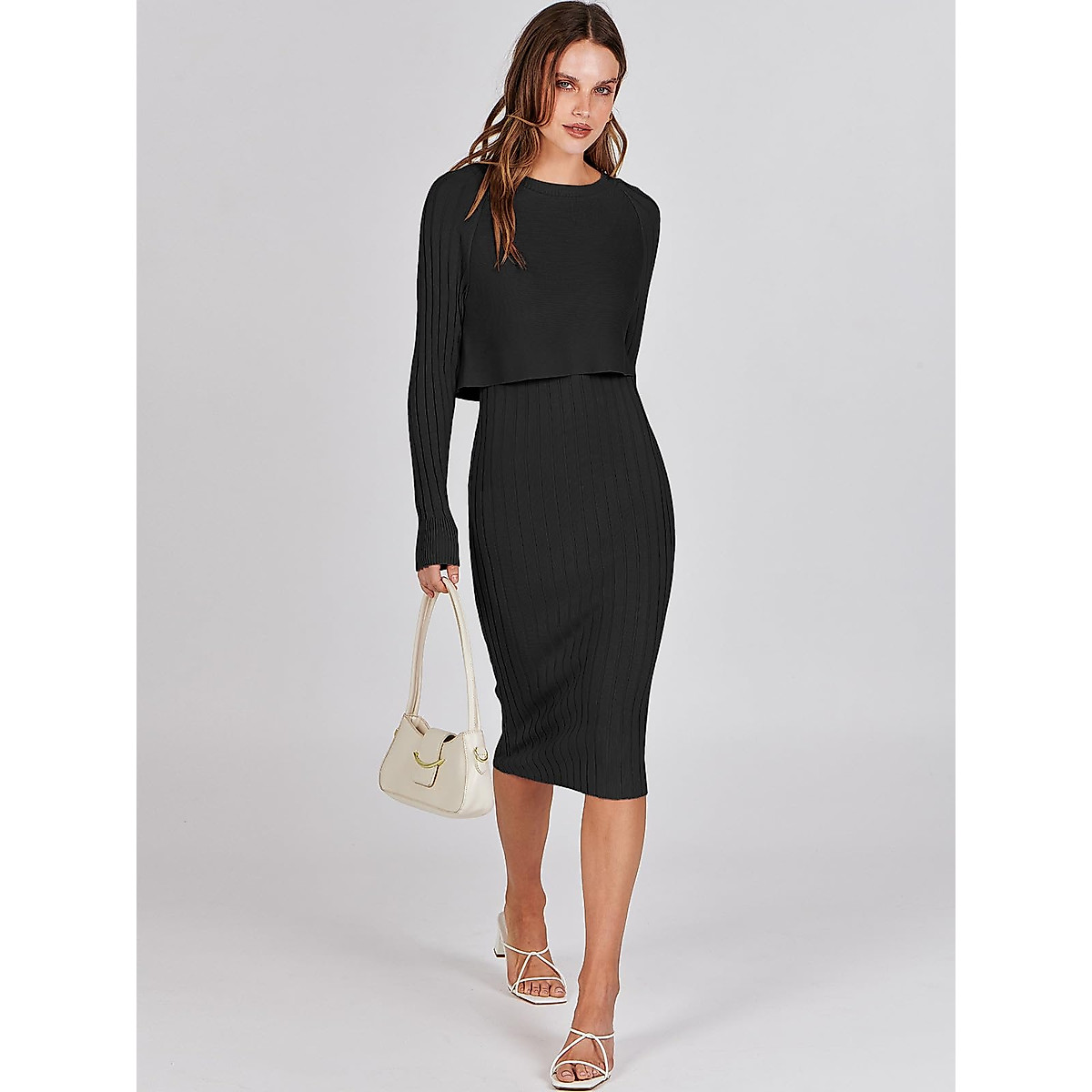 ANRABESS Womens 2 Piece Outfits Sweater Dresses Set Midi Skirt Sets Long Sleeve Crop Top Bodycon Ribbed Knit Dress 2024 Fall Black Large