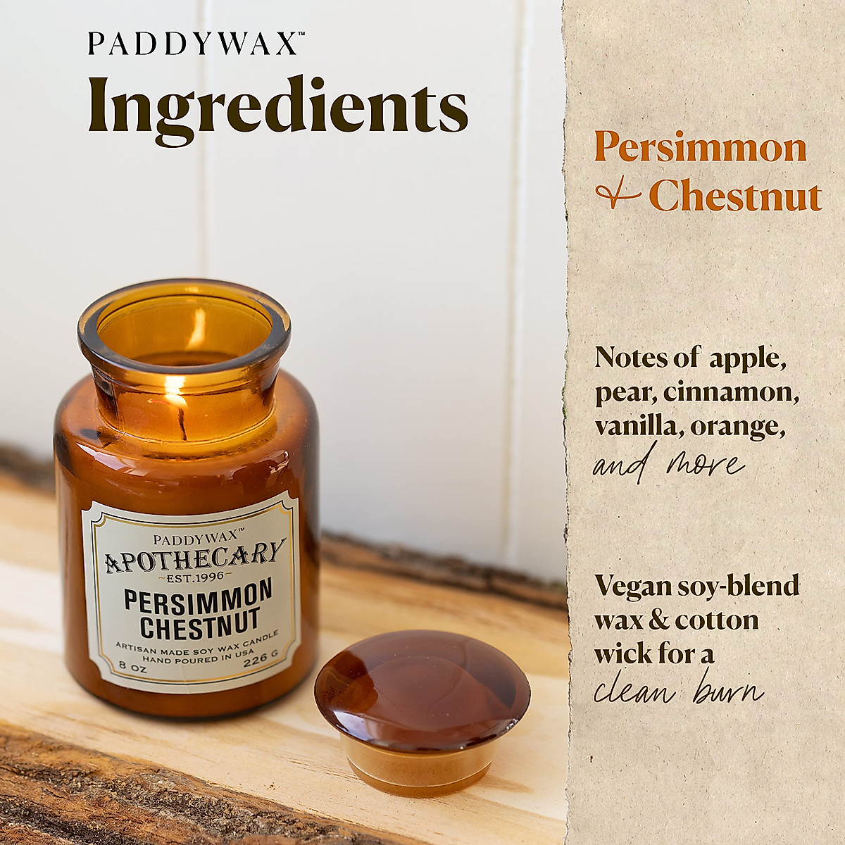 Paddywax Apothecary Artisan Hand-Poured Scented Candle, 8-Ounce, Persimmon Chestnut