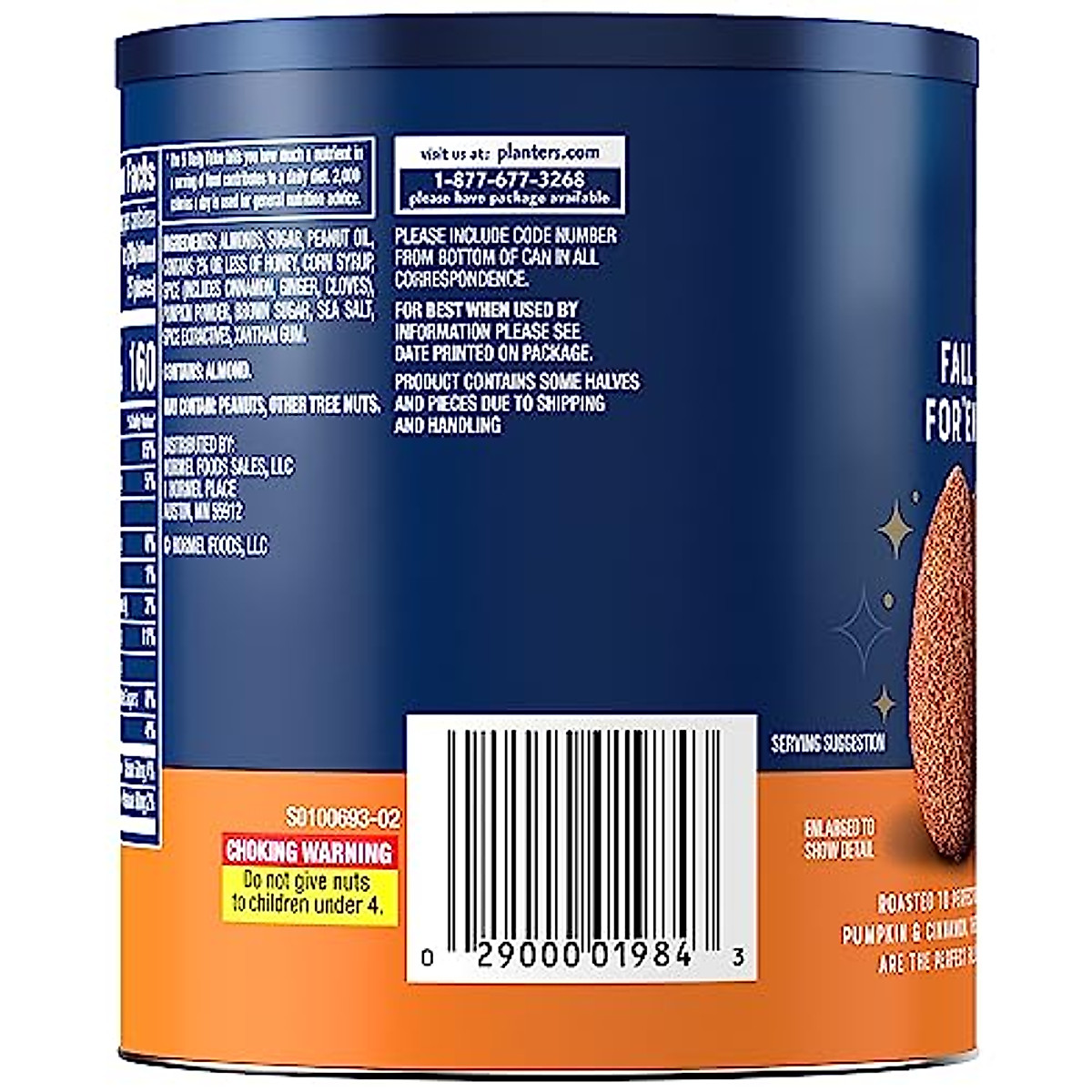 PLANTERS Fall Edition Pumpkin Spice Almonds, Pumpkin Spice Snacks, Cooking & Baking Nuts & Seeds, Flavored Almonds, Seasonal Nuts, Fall Party Snacks, Plant-Based Protein, 15.25 oz Canister