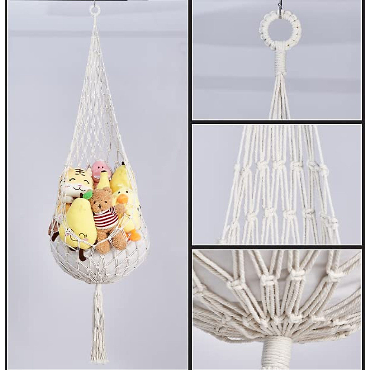 Stuffed Animal Net Large Toy Hammock Macrame Plush Toy Display with One Hook for Corners, Walls and Ceiling Hanging Net Stuff Animal Storage for Kid Room Bedroom Playroom (Beige)