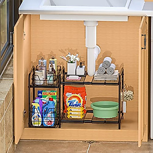 Under Sink Organizers and Storage, Zitaloken Bathroom Cabinet Organizer with Pull Out Drawer & Expandable Shelf, Kitchen Sink Organizer Metal Rack with Non-slip Feet, Matte Black