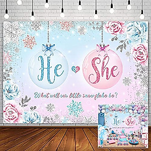 AIBIIN 7x5ft Winter Snowflake Gender Reveal Backdrop Pink or Blue He or She What Will Baby Be Boy Girl Floral Photography Background Baby Shower Party Decoration Banner Supplies Photo Studio Props