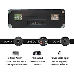 Vinyl Record Player 3 Speed Turntable with Bluetooth, USB/SD Play&Recording, Built in Battery, Line Out, AUX in, Earphone Jack, Replacement Needle