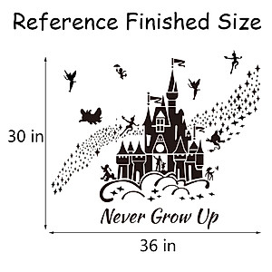Supzone Castle Wall Stickers Fairy Tale Castle Wall Decal Never Grow Up Quotes Stars Wall Decor DIY Mural Art for Baby Nursery Room Kids Bedroom Playroom-Black