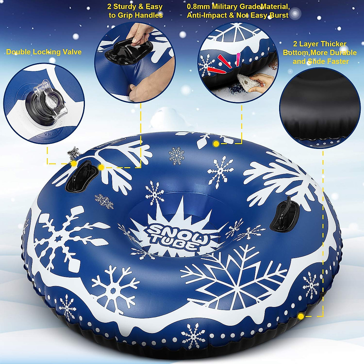 Plus Size Snow Tube -49" Inflatable Sleds for Kids and Adults Snowboard with Thicker K80 Military Grade Material Heavy Duty Snow Tube Portable Toboggan for Sledding Skiing Winter Outdoor Fun Snow Toy