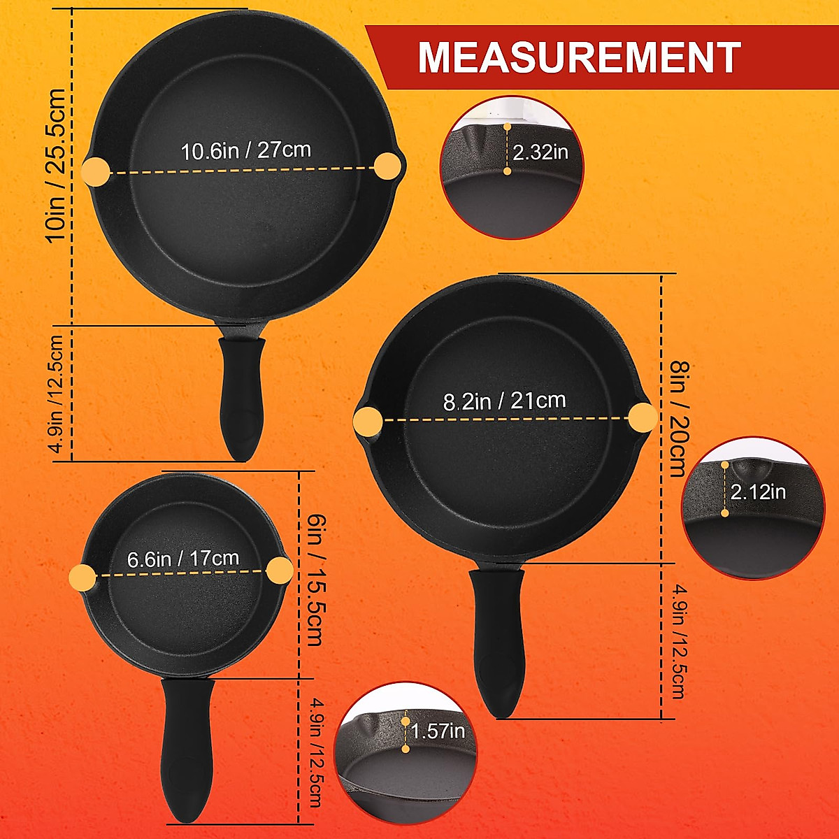 rincentd Pre-Seasoned Cast Iron Pan 3 piece Cast Iron Frying Pan set with Heat-Resistant Handles - 6 inch, 8 inch and 10 inch Cast Iron Set