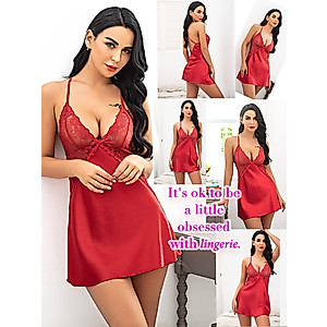 Avidlove Christmas Lingerie for Women Nightgown Sleepwear Satin Pajamas Sexy Babydoll V Neck Teddy Strap Chemise M, Red