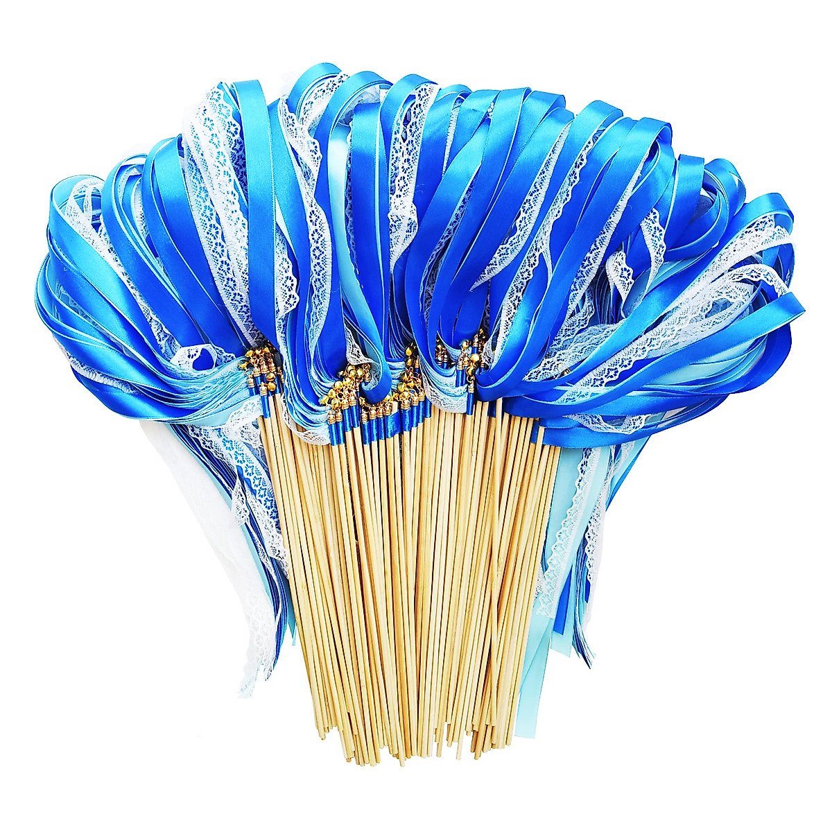 100 Pack Blue Lace Wedding Ribbon Wands Streamers with Bells Silk Fairy Wands Sticks Wedding Exit Ribbon for Party Activities Bridal Shower Send Off Holiday Celebration
