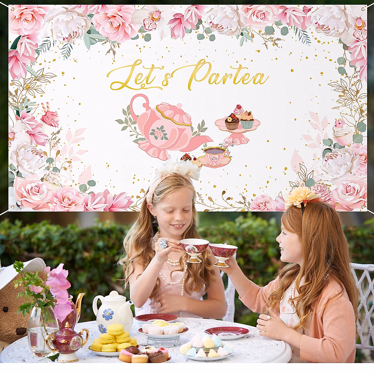 Let's Partea Tea Party Birthday Backdrop Tea Party Banner Decorations Tea Party Picture Background for Baby Shower Birthday Party Decorations Photo Booth (White, 6 x 3.6 ft)