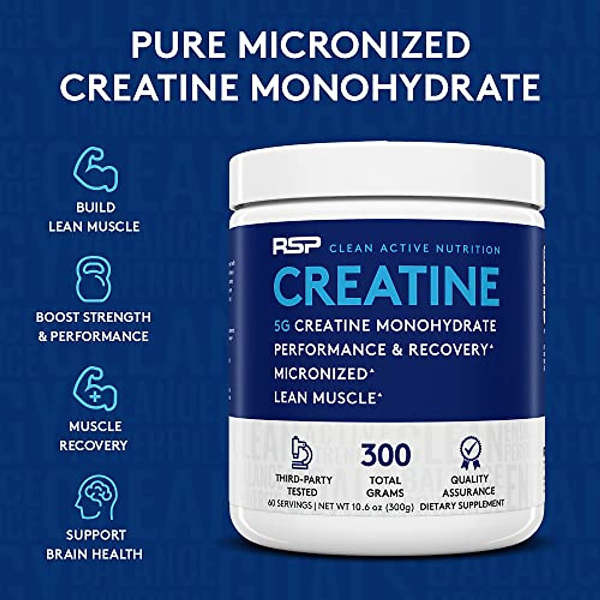 RSP Creatine Monohydrate – Pure Micronized Creatine Powder Supplement for Increased Strength, Muscle Recovery, and Performance for Men & Women, Unflavored, 10.6 Ounce