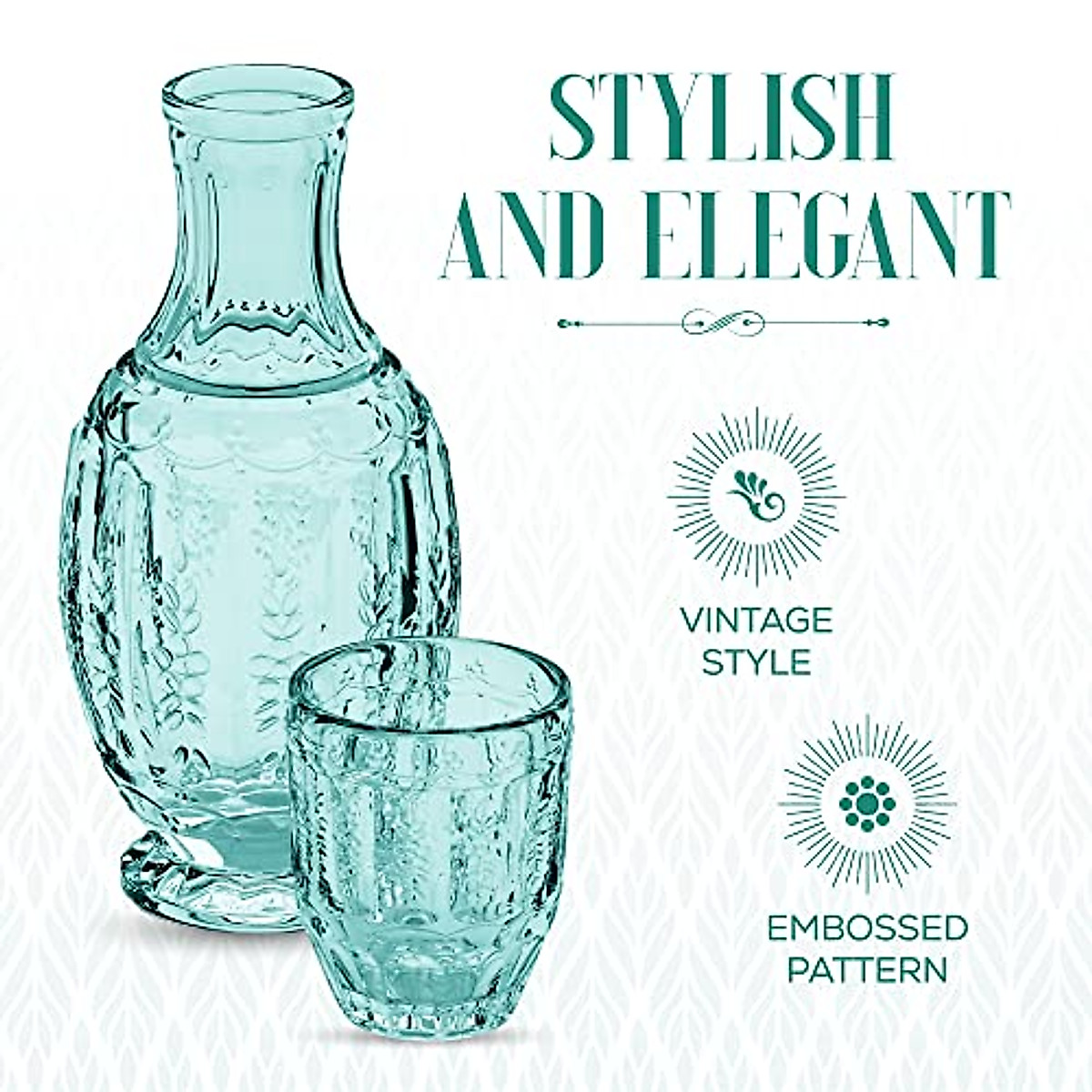 Elle Decor Vintage Bedside Water Carafe with Tumbler Glass – Elegant Pitcher and Matching Drinking Cup Doubles As Lid (Green)