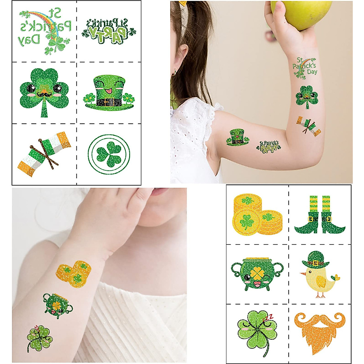 St. Patrick's Day Glitter Tattoos,Shamrock Lucky Clover Temporary Tattoo Stickers, St. Paddy's day Decorations Pack of 8,48Pcs Waterproof Decor for Men Women Kids