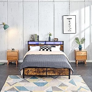 Industrial Modern Full Size Bed Frame with LED Lights and 2 USB Ports,with Wood Shaving Headboard and Platform Bed Frame,Bearing Capacity Up to 900 (Full, Rustic Brown)