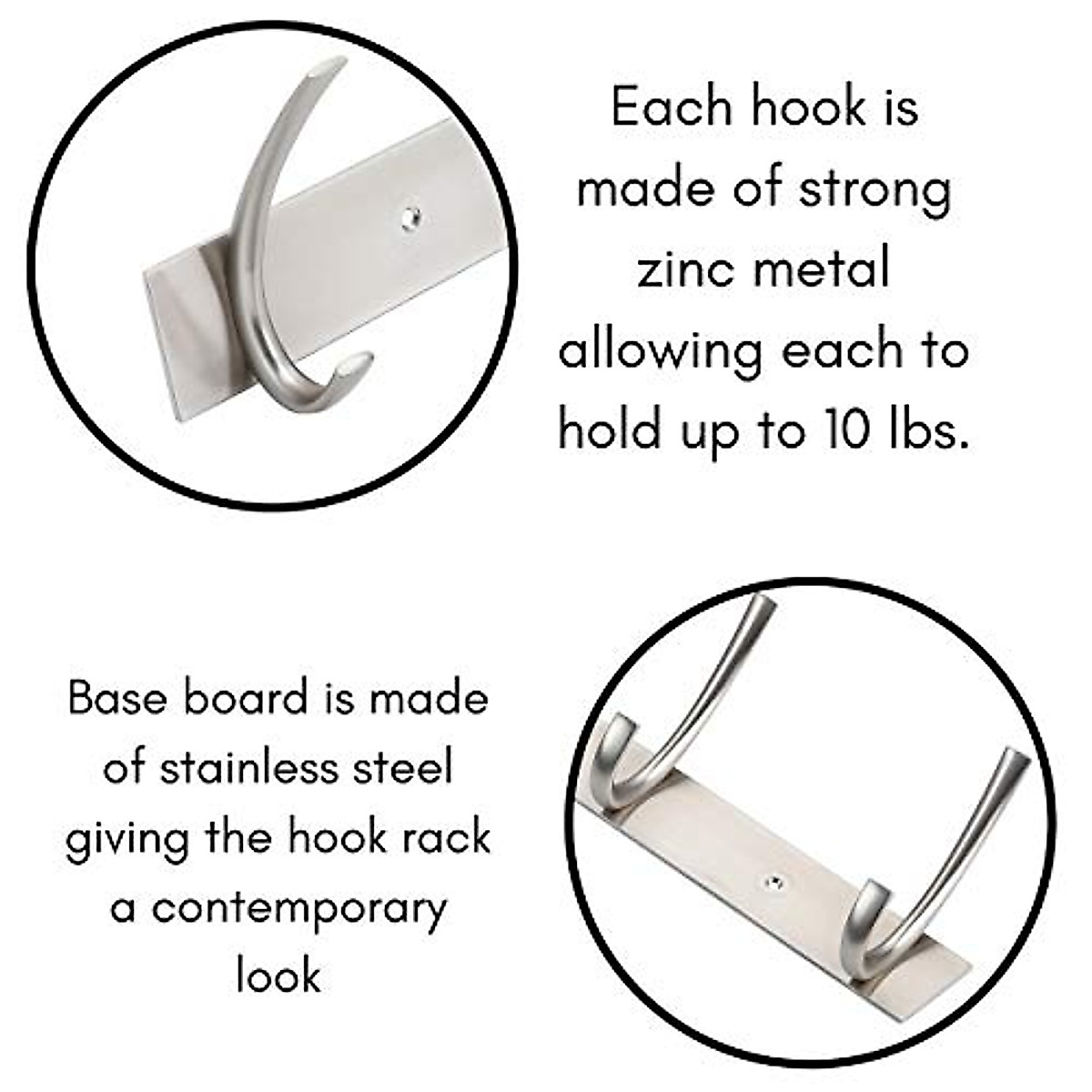 BIRDROCK HOME Premium 5-Hook Stainless Steel Coat and Hat Rack for Wall - Set of 2 - Front Door Organizer - Mounted Hanger for Jackets, Clothes, Hats, Towel - Silver Dual Hooks - Brushed Nickel Finish