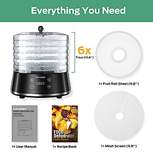 Food Dehydrator, Elechomes Upgraded 6-Tray Dryer for Beef Jerky, Meat, Fruit, Dog Treats, Herbs Vegetable, Digital Time & Temperature Control, Overheat Protection Fruit Roll Sheet Included, BPA Free
