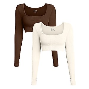OQQ Women's 2 Piece Crop Top Ribbed Seamless Workout Exercise Long Sleeve, Coffee Beige, Small