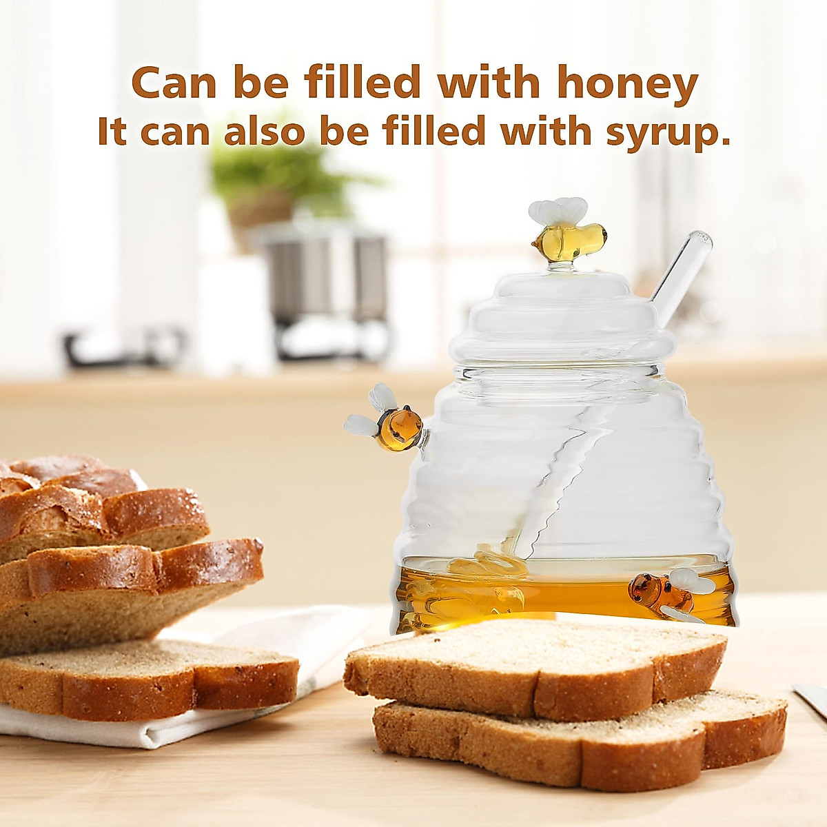 zhqinger Honey Jar with Dipper and Lid Glass Jars with Cute Little Bee Large Glass Jar Honey Syrup Container for Kitchen Coffee Bar Baking