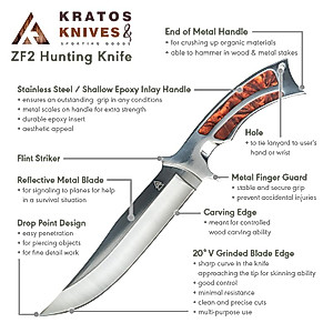KRATOS Hunting Knife with Nylon Sheath, 10" Fixed Blade Full Tang Knife with 440C Hardened Stainless Steel & Solid Metal Handle for Bushcraft ZF2