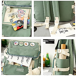 4 PCS Kawaii Backpack with Kawaii Pin and Accessories, with Kawaii Bear Pendant School Bag Sets (Sage Green)