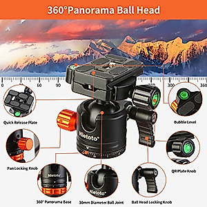 Nietoto New Professional Camera Tripod, Aluminum Travel Tripod for Camera, DSLR Camema Tripod, Compact Professional Camera Tripod Monopod with 360 Panorama Ball Head, 1/4 QR Plate, Carry Bag