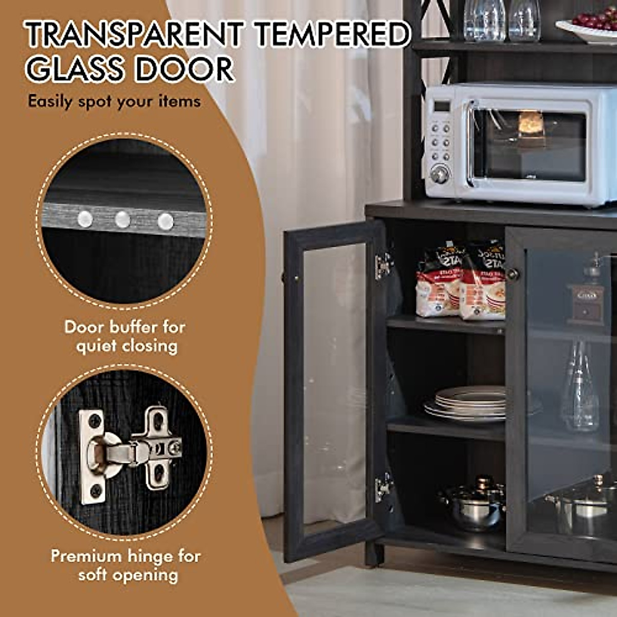 Giantex Kitchen Pantry, 67.5" Buffet Hutch Cabinet, 2 Door Sideboard, Coffee Bar Cabinet w/Glass Holder, Adjustable Shelves, Anti-toppling, Farmhouse Freestanding Wood Microwave Stand, Gray