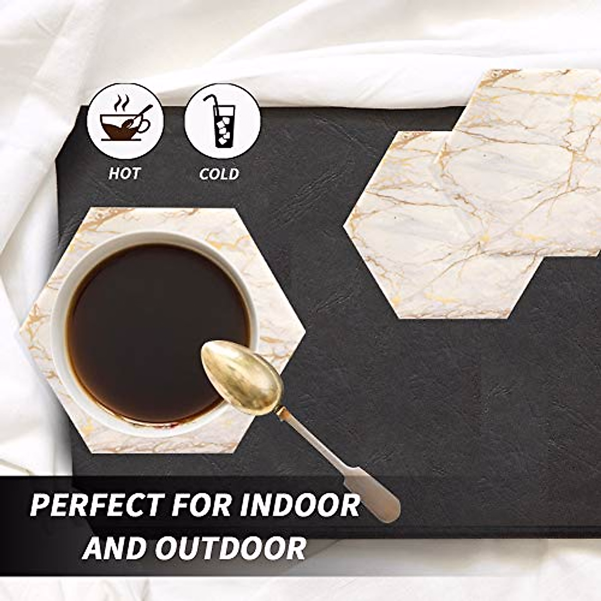 Marble Coasters for Drinks Absorbent with Cork Base, 8pcs Drink Coasters for Wooden Table with Metal Holder, Gold Ceramic Cup Coaster Set Rustic Home Decor for Living Room Bar - Housewarming Gifts