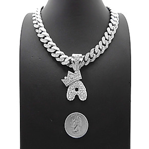 BLINGFACTORY Hip Hop White Gold PT Bubble Alphabet Initial A Pendant & 16" ~ 24" Iced Cuban Box Lock Chain Necklace (Pendant & 16" Chain)