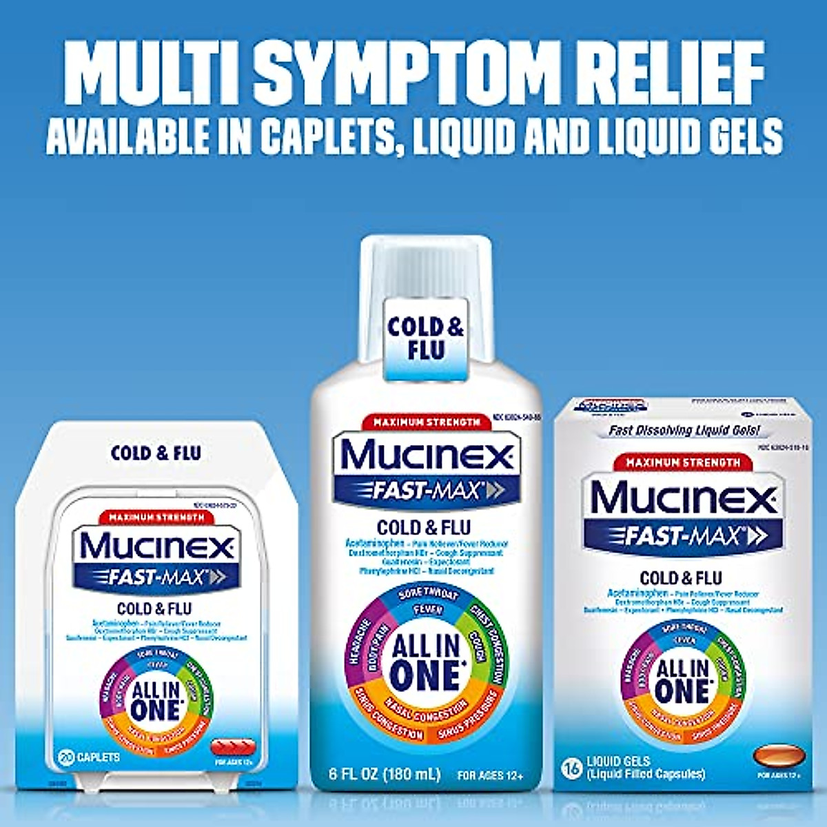 Mucinex Fast-Max Maximum Strength Cold & Flu All in One, Multi-Symptom Relief, Pain Reliever, Fever Reducer, Cough Suppressant, Expectorant, Nasal Decongestant, 16 Liquid Gels (Pack of 2)
