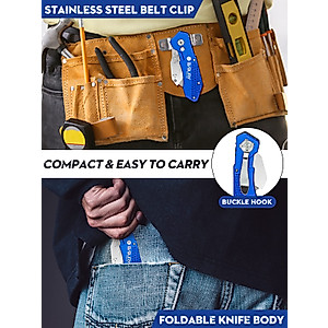 2 Pack BIBURY Utility Knife, Heavy Duty Folding Box Cutter, Pocket Carpet Knife with 20 Extra SK5 Stainless Steel Blades, Easy Release Button, Belt Clip, Quick Change, Blade Storage in Handle Design