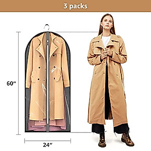 60" Long Garment Bags, Clear Plastic Clothes Covers with 4" Gussetes for Hanging Clothes Closet Storage, Breathable Protector for Dress Gowns, Suit, Coats, Sweater, Down Jacket, 3 Packs