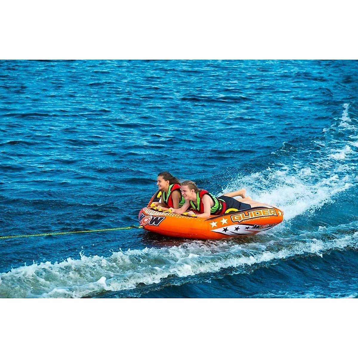 WOW Sports - Glider Inflatable Towable Tube w/ Flex Seating - 1 - 2 Riders - Perfect For Kids & Adults - Soft Top Deck Tube - Boating Accessory