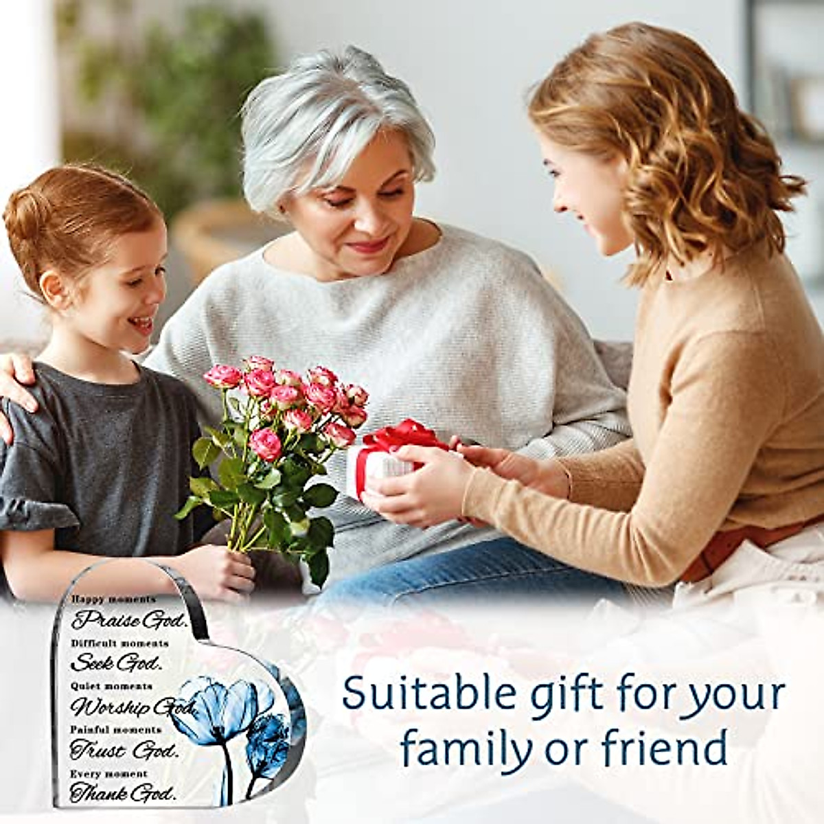 Christian Bible Verses Decor Christian Gift for Woman Prayers Religious Gift Positive Quotes Inspirational Gift Scripture Motivational Gift for Room Home Office Table Decor (Blue Flower)