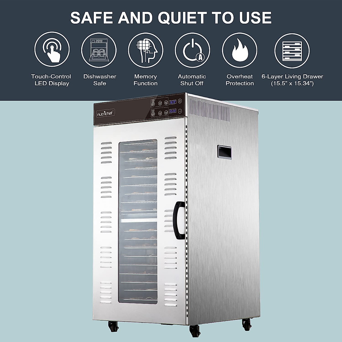 NutriChef Commercial Electric Food Dehydrator Machine | 20 Shelf Extra Large Capacity - Stainless Steel Trays | 2000-Watts, Digital Timer & Temperature Control | 18.11'' x 15.75'' x 31.89'' IN