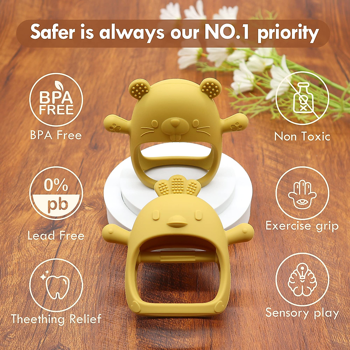 Baby Wrist Teether, Teething Mittens Toys for Babies, Santi & Me Silicone Baby Chew Teether Toys for Sucking Needs, Fun Bird Design, Never Drop from Hand, Pack of 2 (Mango)